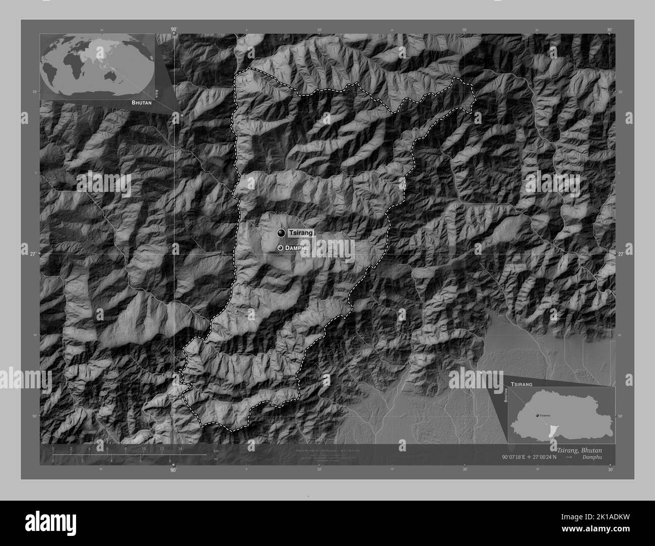 Tsirang, district of Bhutan. Grayscale elevation map with lakes and rivers. Locations and names ...
