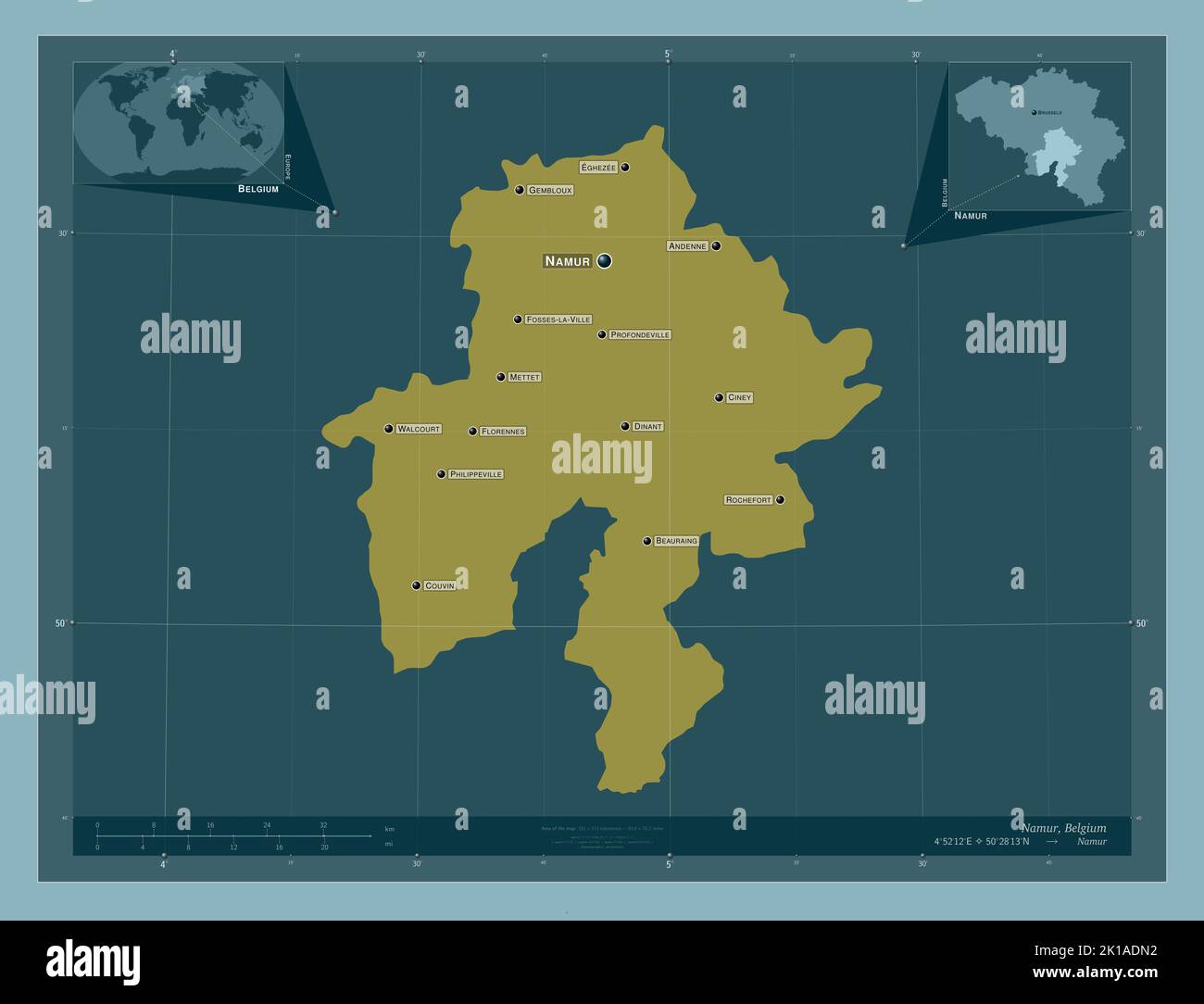Namur, province of Belgium. Solid color shape. Locations and names of ...