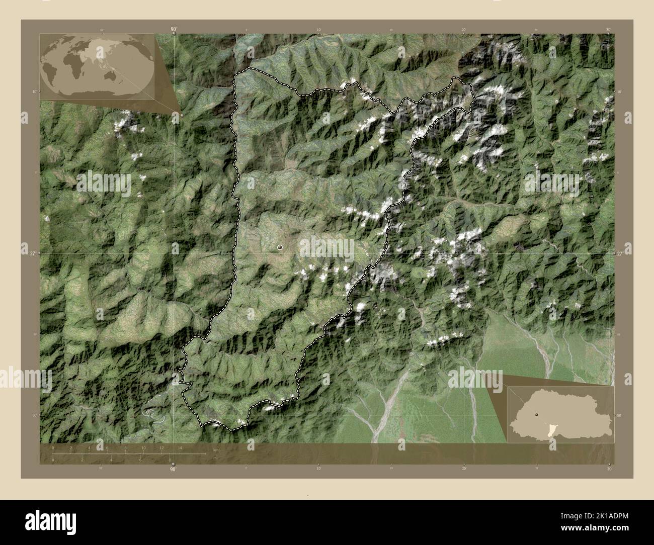 Tsirang, district of Bhutan. High resolution satellite map. Corner ...