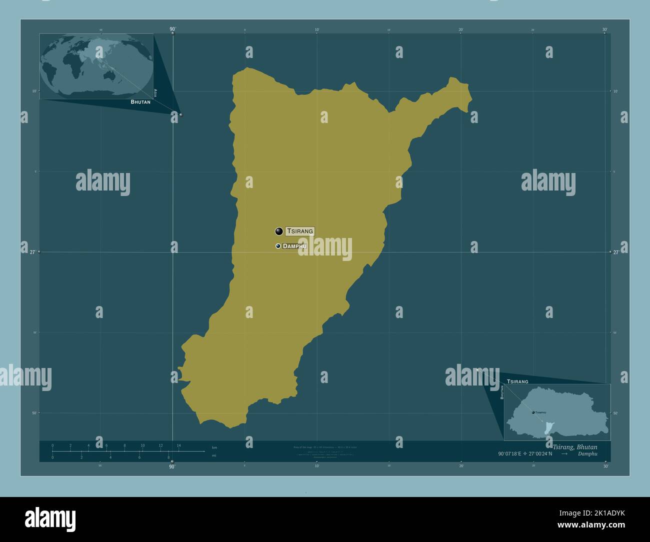 Tsirang, district of Bhutan. Solid color shape. Locations and names of ...