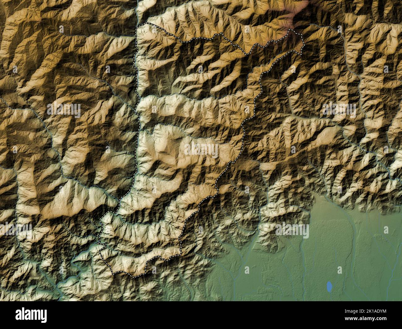 Tsirang, district of Bhutan. Colored elevation map with lakes and ...