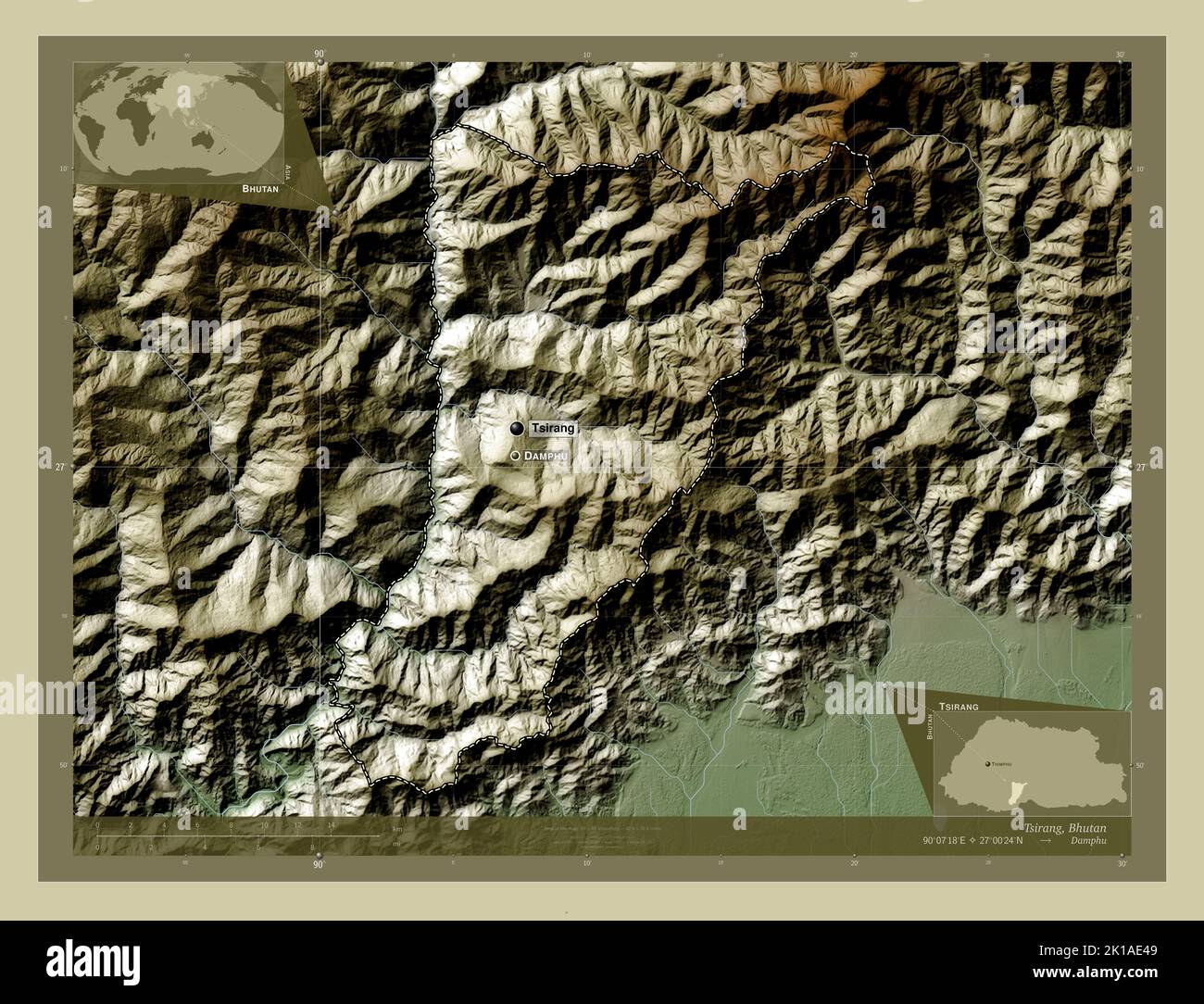 Tsirang, district of Bhutan. Elevation map colored in wiki style with ...
