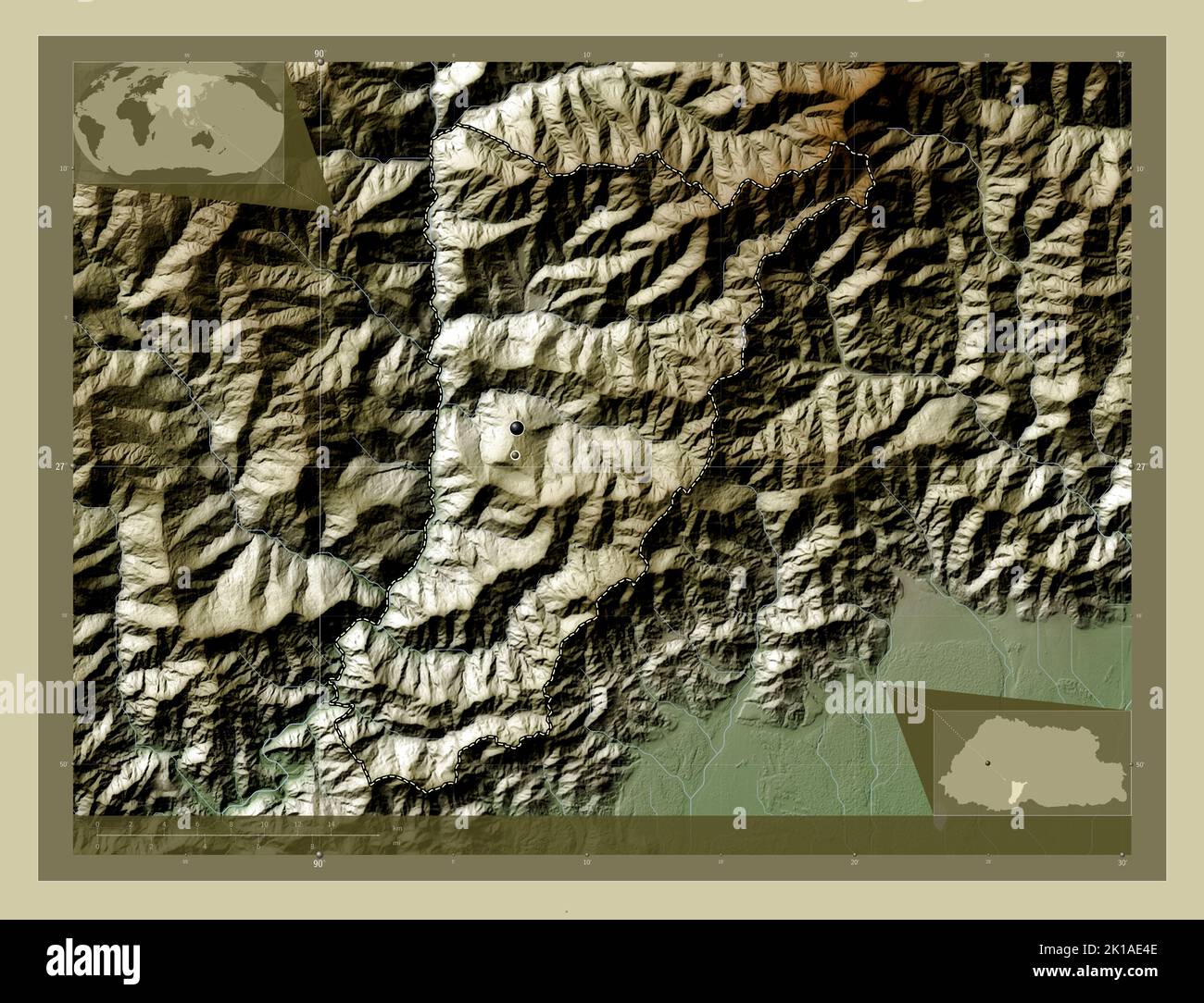 Tsirang, district of Bhutan. Elevation map colored in wiki style with ...