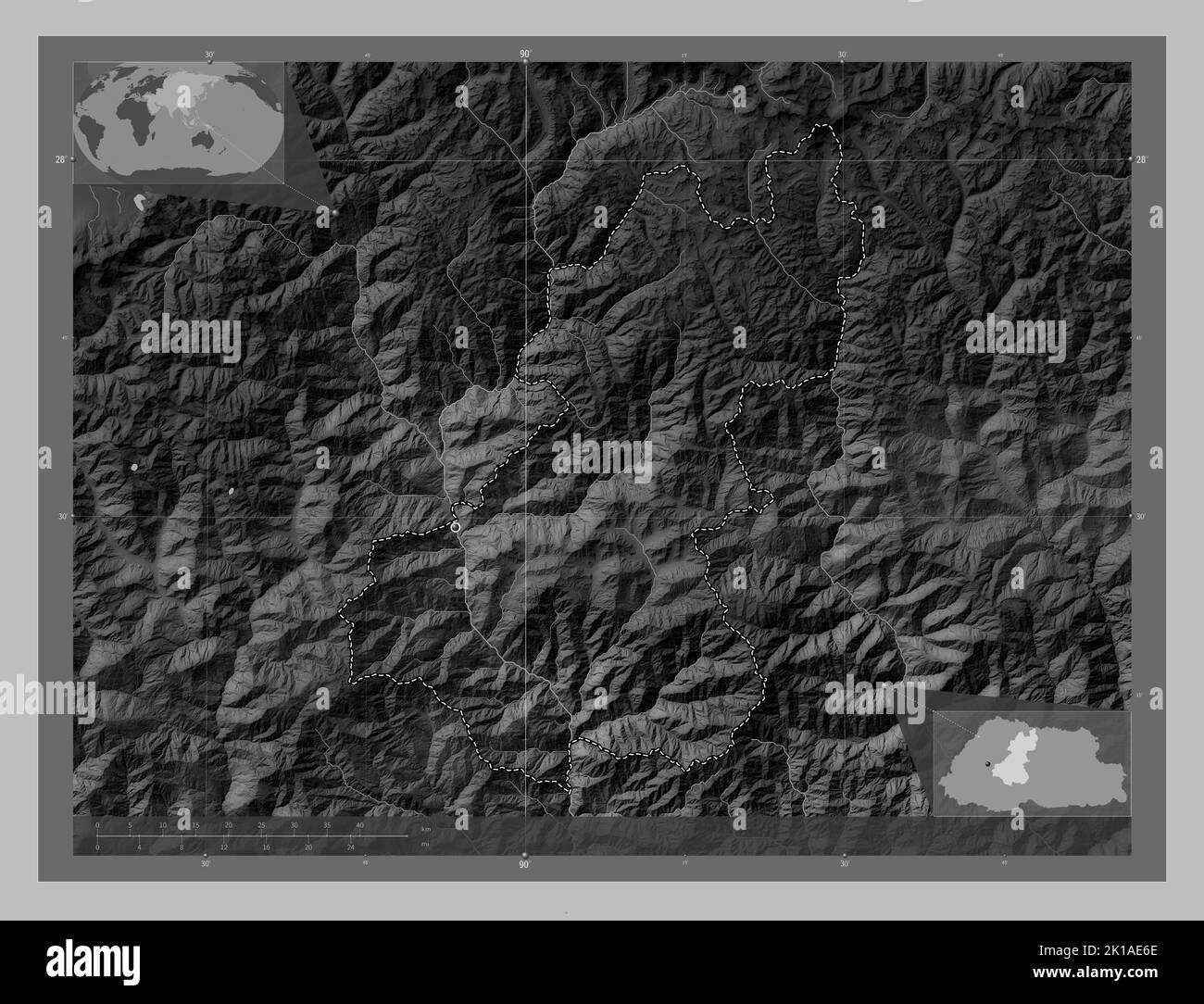 Wangduephodrang, district of Bhutan. Grayscale elevation map with lakes and rivers. Corner ...