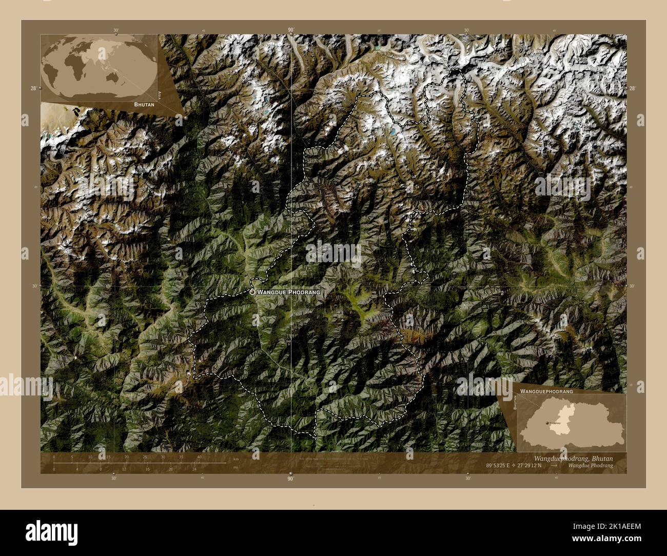Wangduephodrang, district of Bhutan. Low resolution satellite map ...