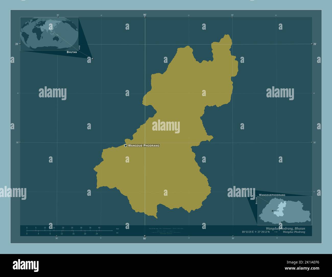 Wangduephodrang, district of Bhutan. Solid color shape. Locations and ...