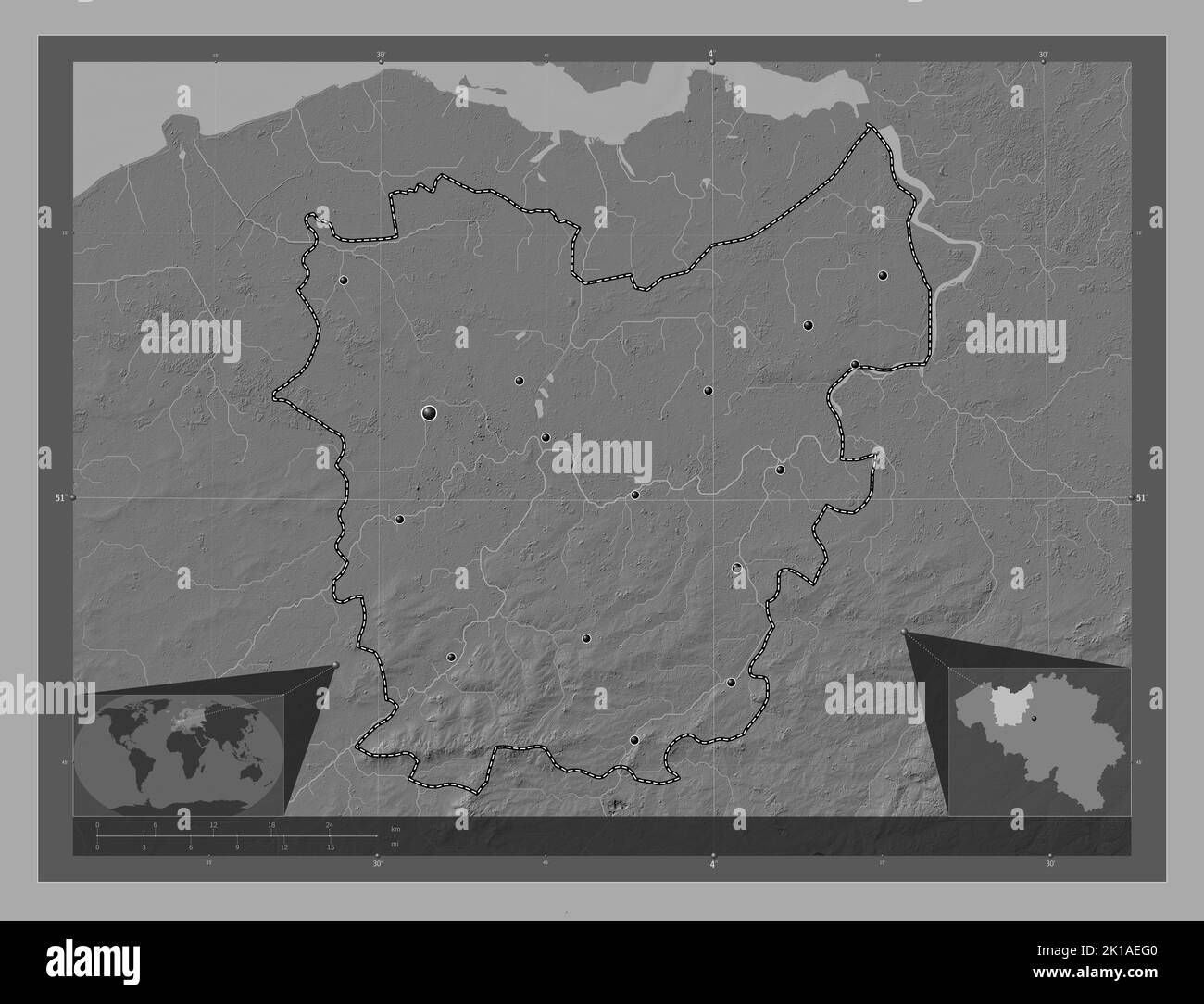 Oost-Vlaanderen, province of Belgium. Bilevel elevation map with lakes ...