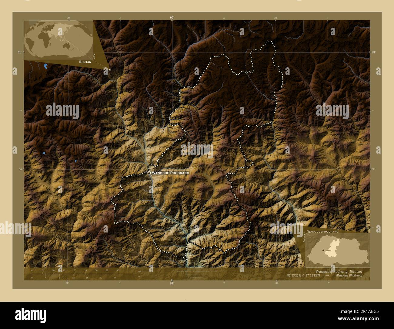Wangduephodrang, district of Bhutan. Colored elevation map with lakes ...
