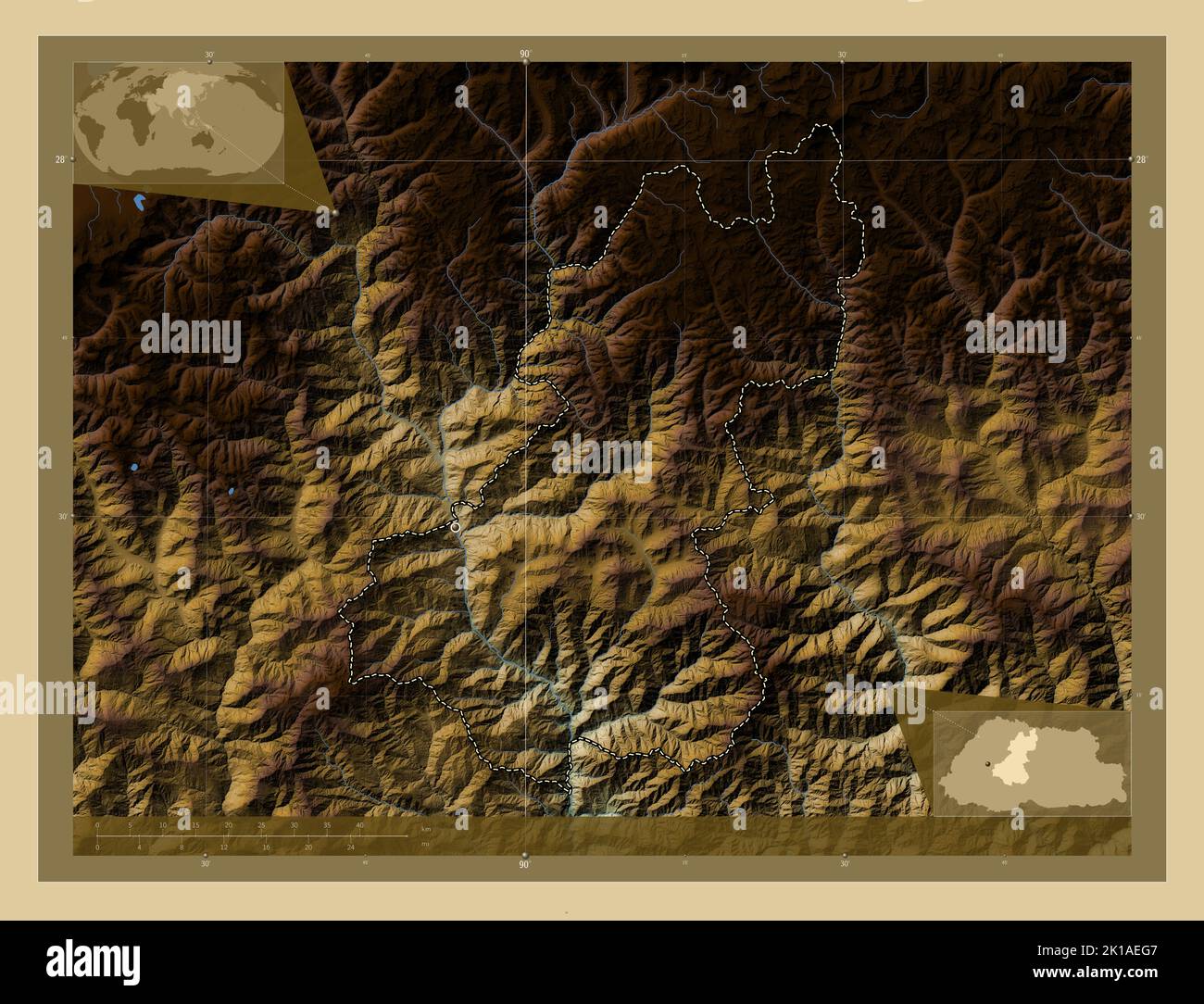 Wangduephodrang, district of Bhutan. Colored elevation map with lakes ...