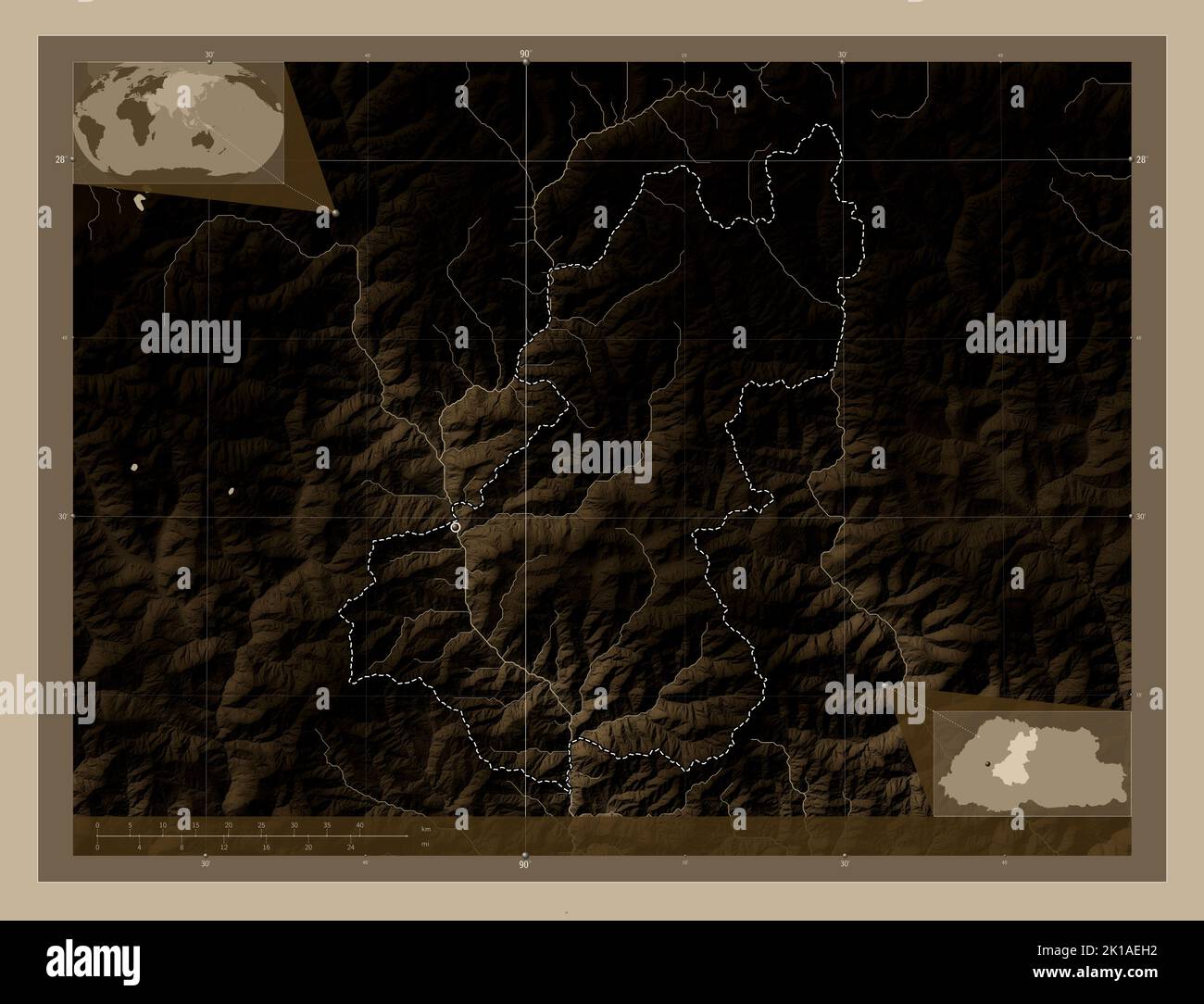 Wangduephodrang, district of Bhutan. Elevation map colored in sepia ...