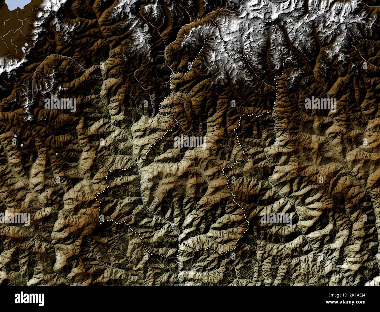 Wangduephodrang, district of Bhutan. Elevation map colored in wiki style with lakes and rivers ...