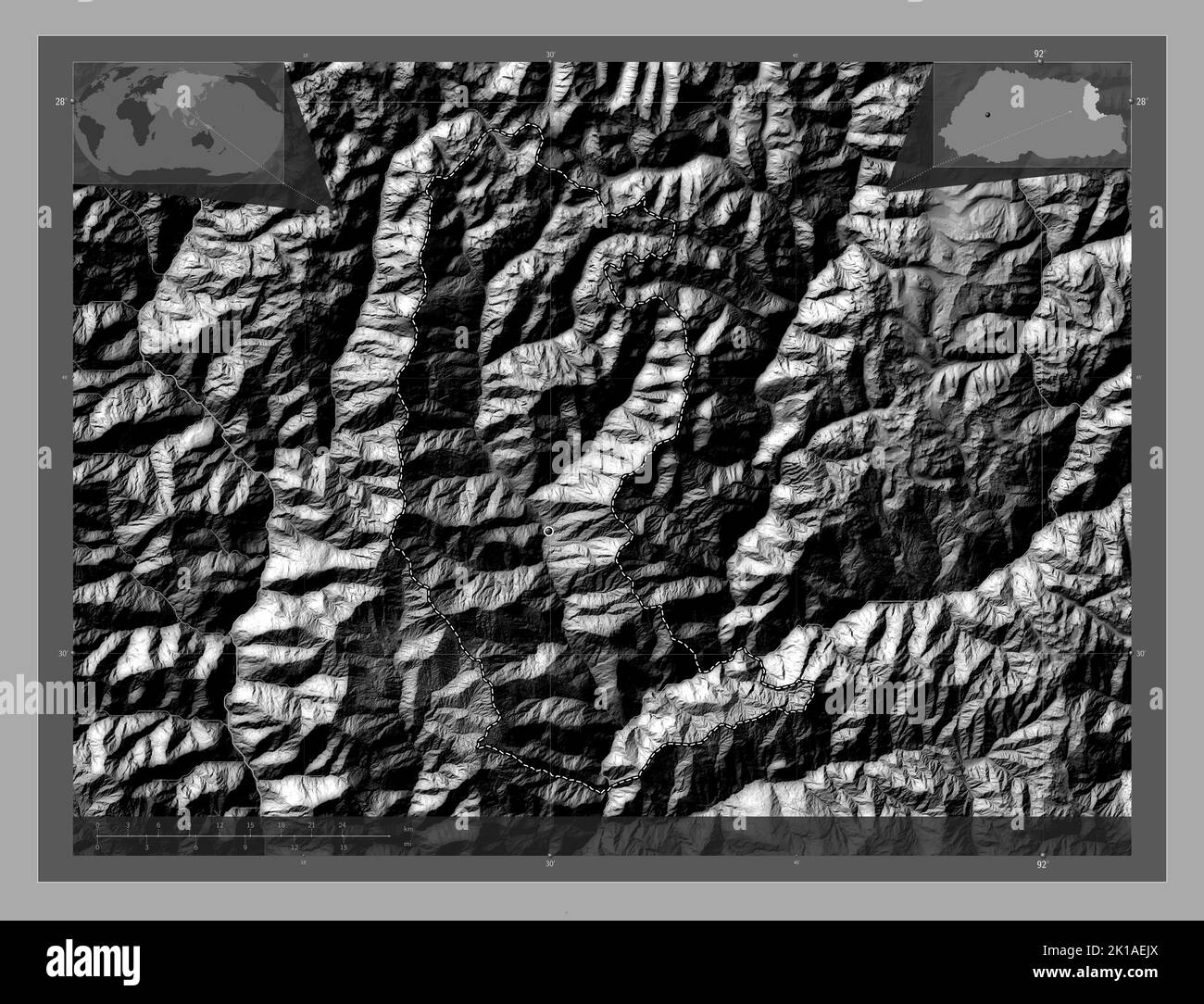 Yangtse, district of Bhutan. Bilevel elevation map with lakes and ...
