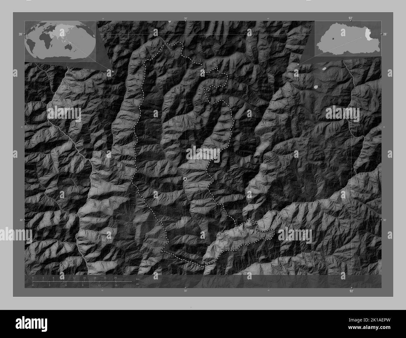 Yangtse, district of Bhutan. Grayscale elevation map with lakes and rivers. Corner auxiliary ...