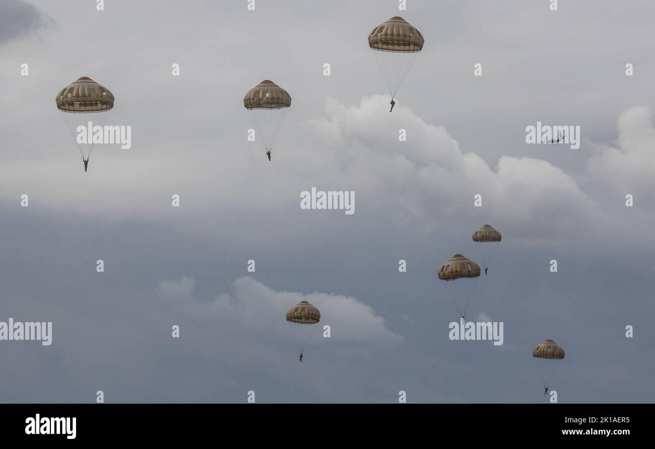 A group of U.S. Army and European Paratroopers conduct an Airborne jump ...