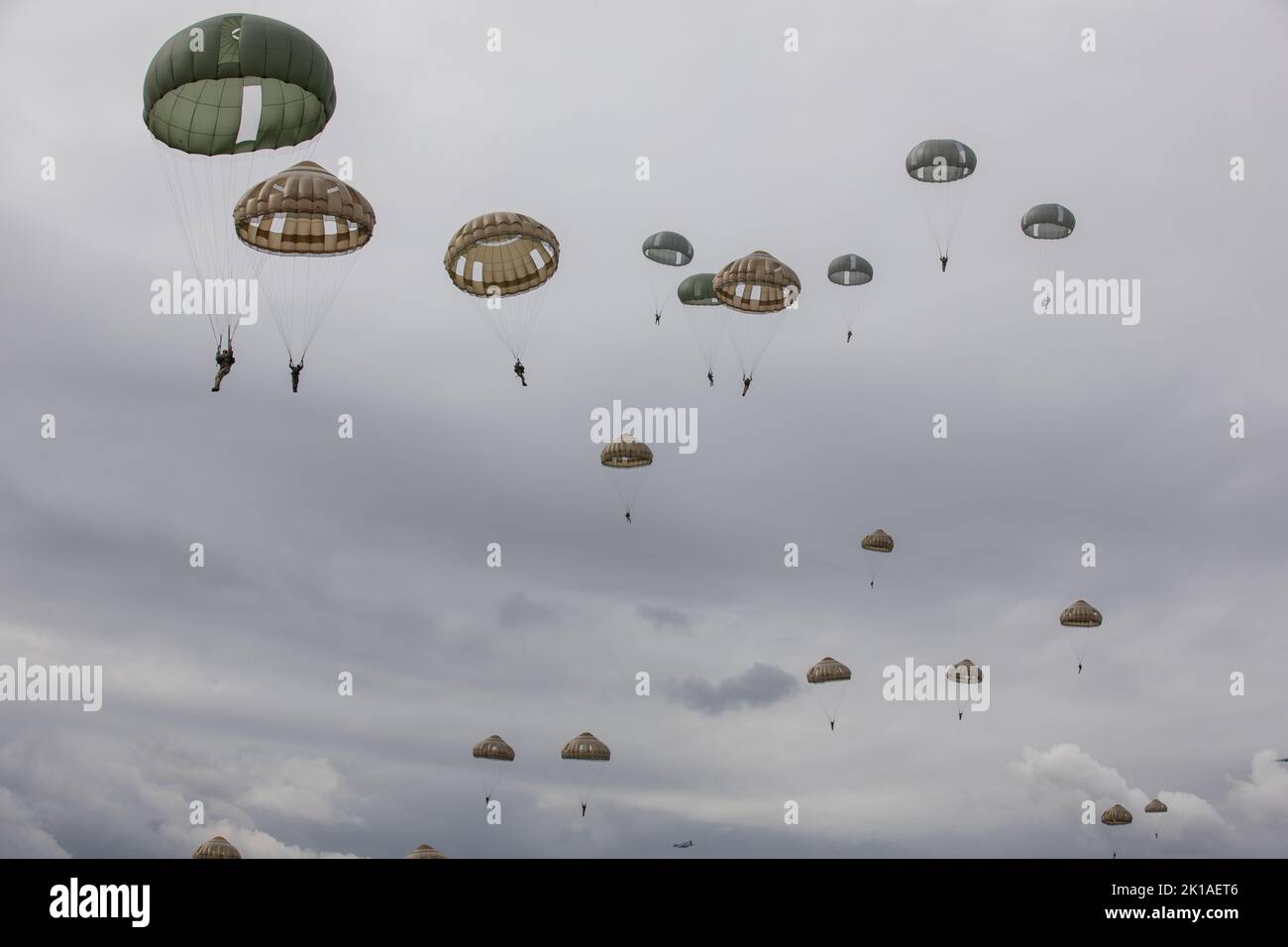 A group of U.S. Army and European Paratroopers conduct an Airborne jump ...