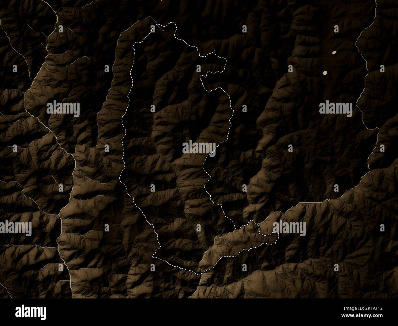 Yangtse, district of Bhutan. Elevation map colored in sepia tones with ...