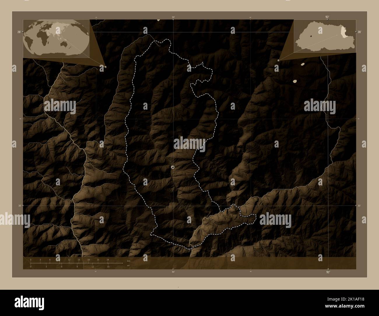 Yangtse, district of Bhutan. Elevation map colored in sepia tones with ...