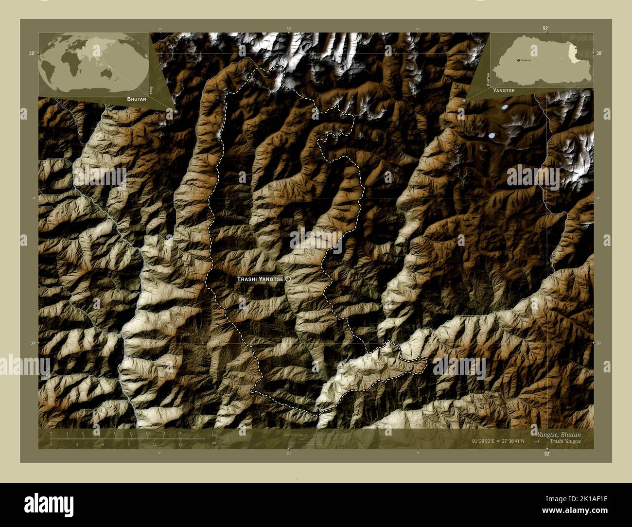 Yangtse, district of Bhutan. Elevation map colored in wiki style with ...