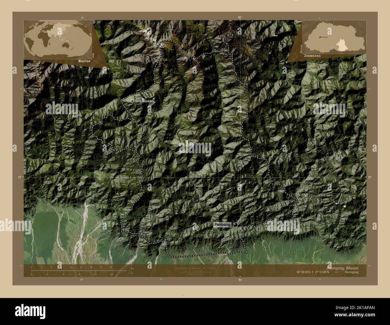 Zhemgang, district of Bhutan. Low resolution satellite map. Locations ...