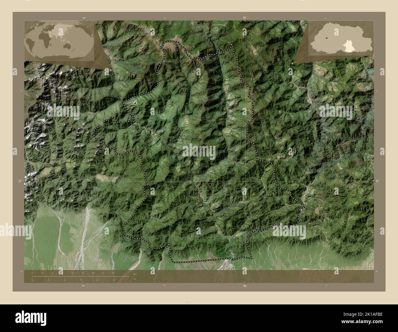 Zhemgang, district of Bhutan. High resolution satellite map. Corner ...