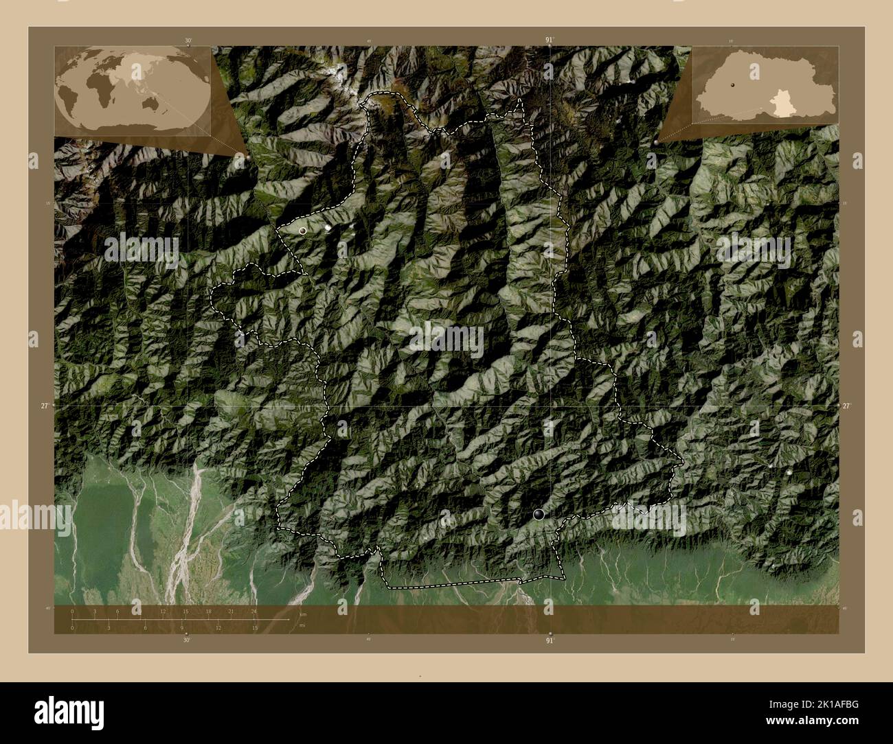 Zhemgang, district of Bhutan. Low resolution satellite map. Locations ...