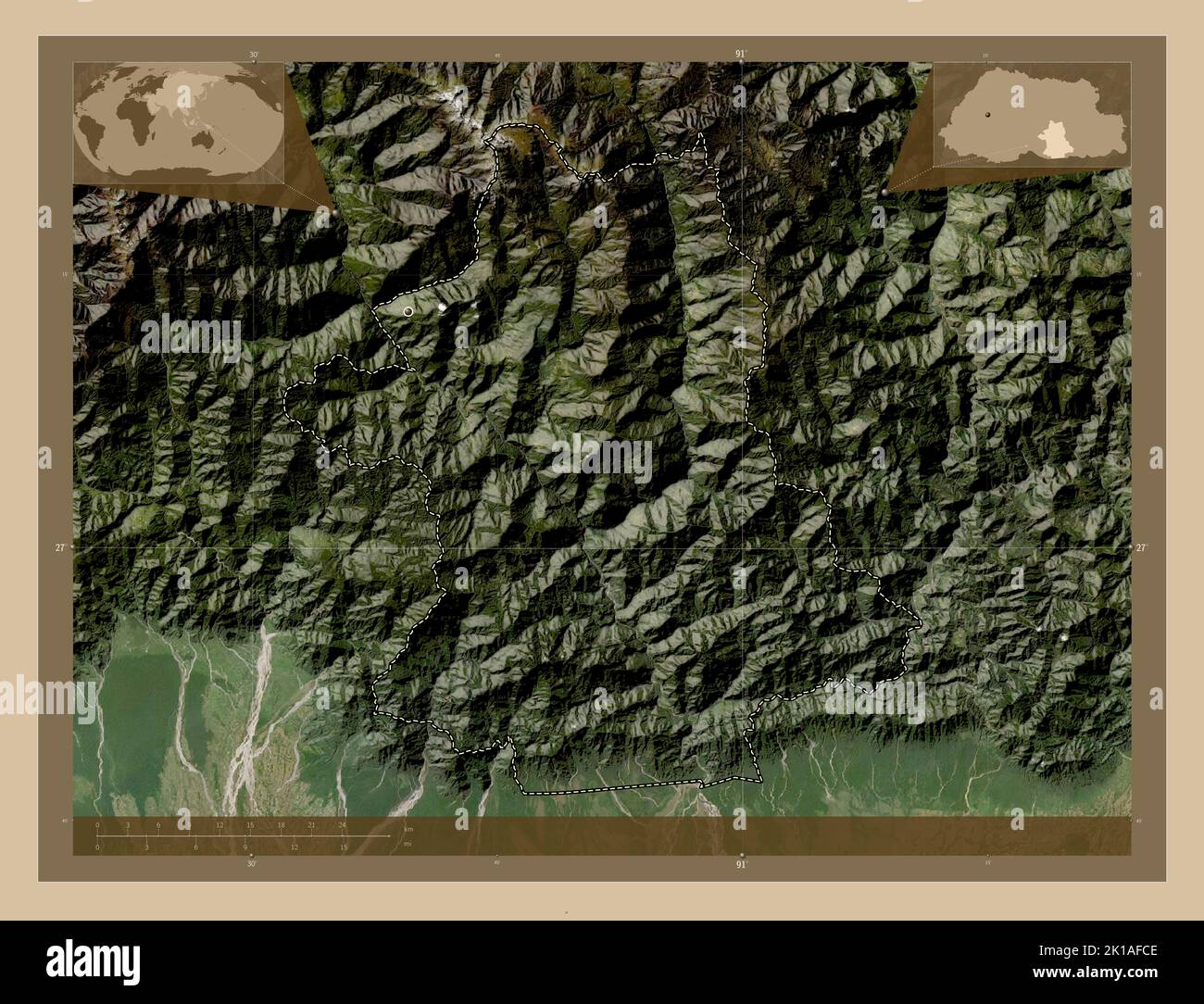 Zhemgang, district of Bhutan. Low resolution satellite map. Corner ...