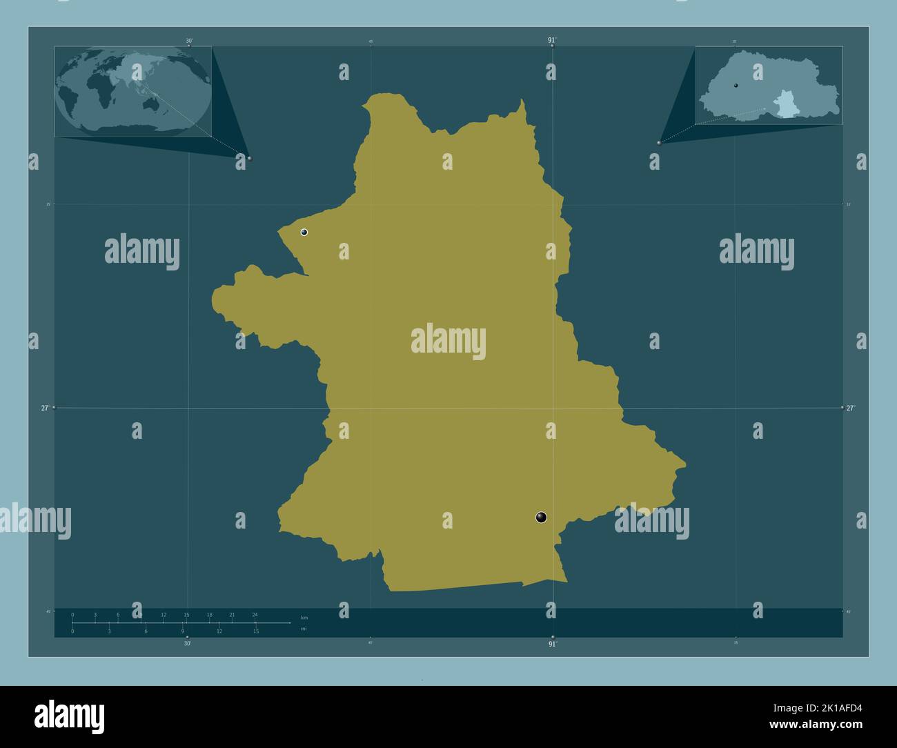 Zhemgang, district of Bhutan. Solid color shape. Locations of major ...