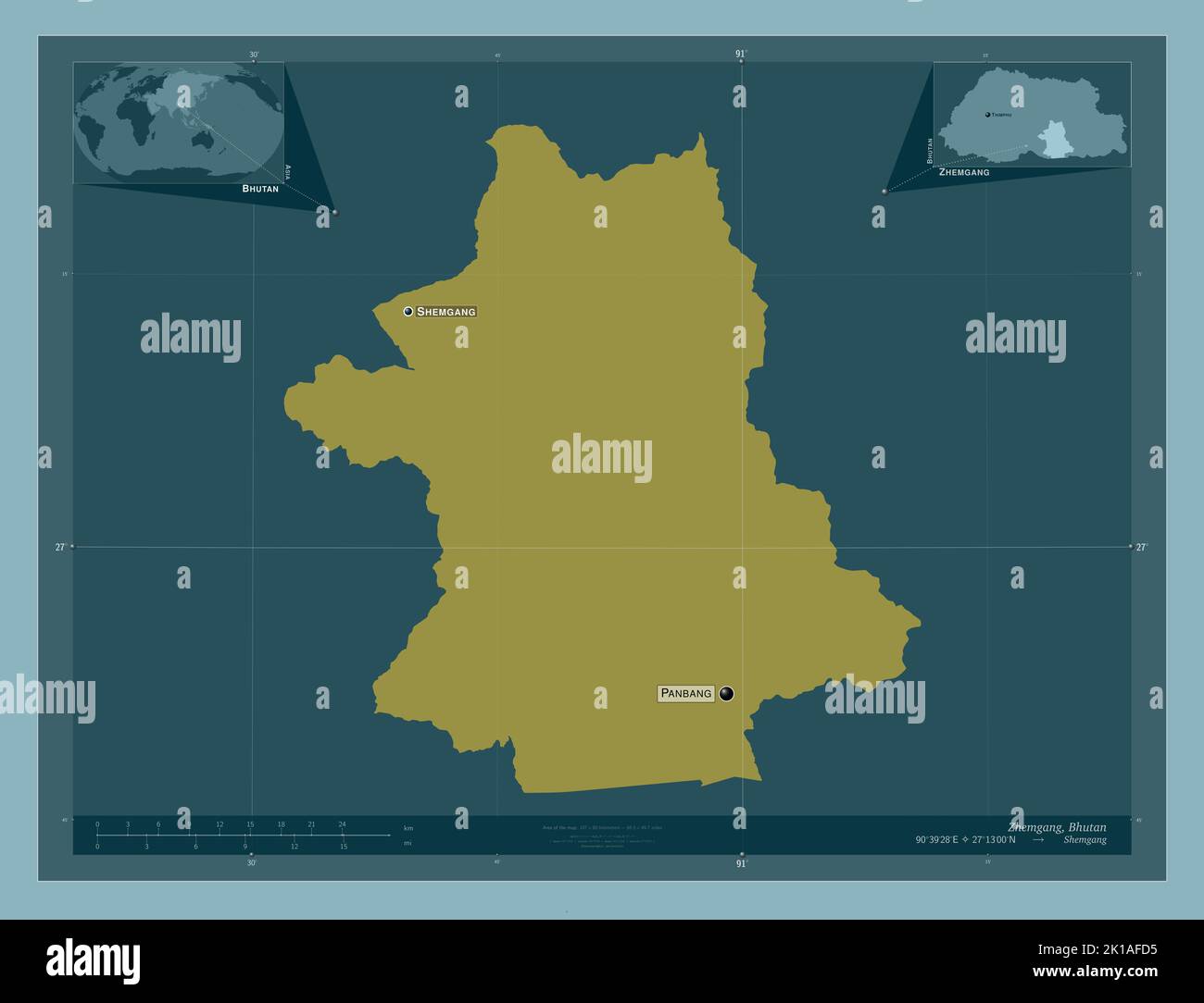 Zhemgang, district of Bhutan. Solid color shape. Locations and names of ...