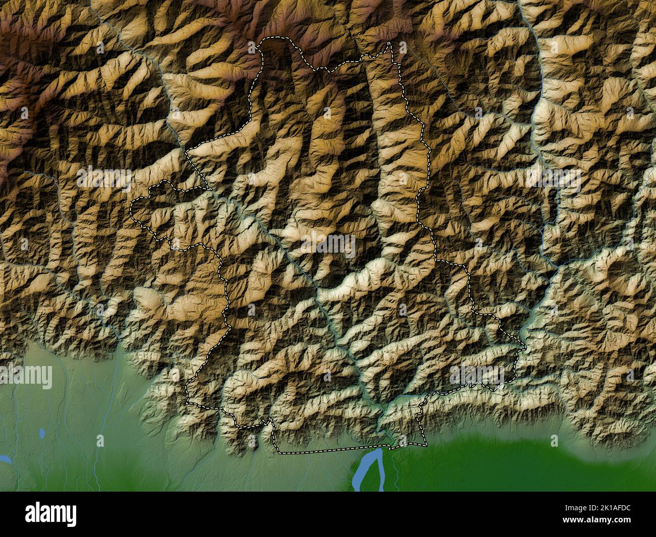 Zhemgang, district of Bhutan. Colored elevation map with lakes and ...