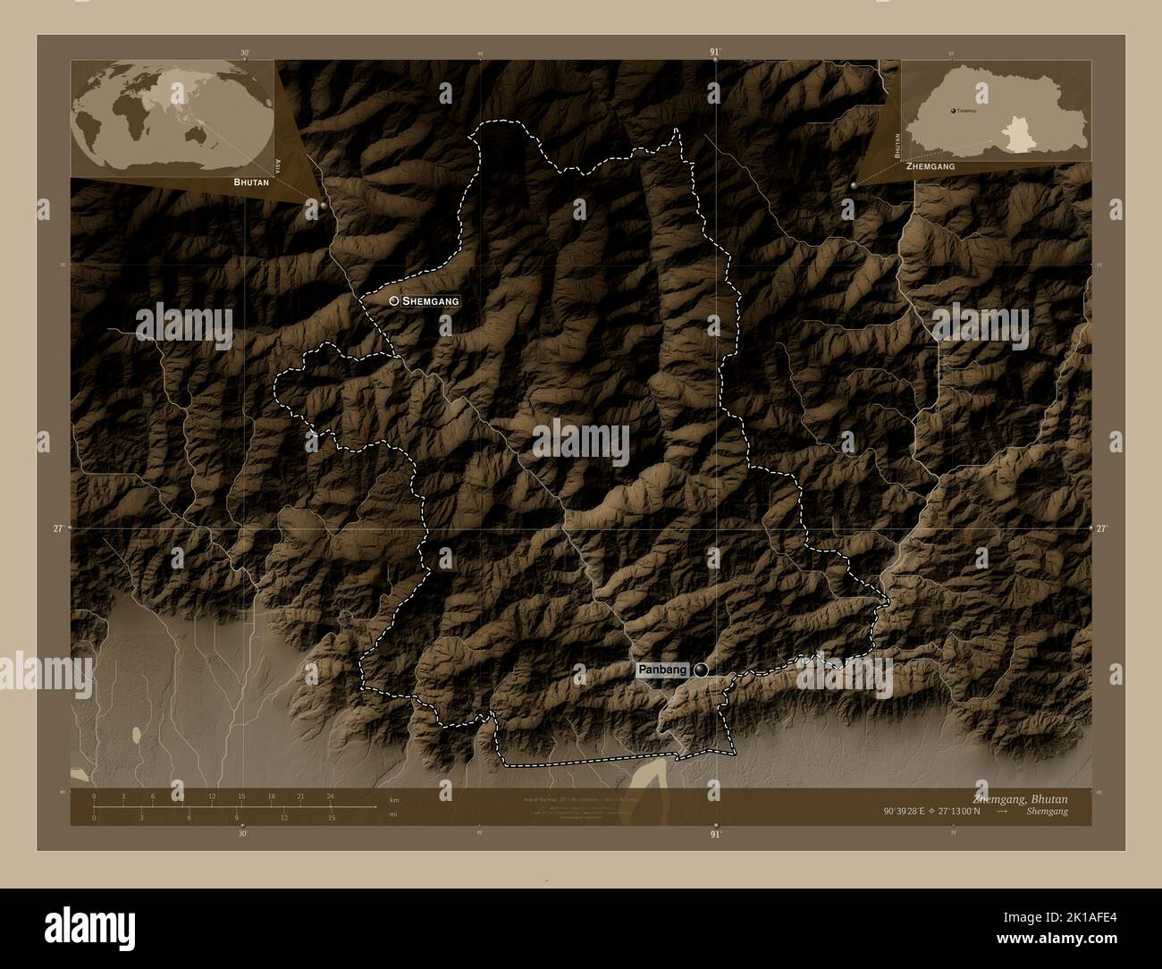 Zhemgang, district of Bhutan. Elevation map colored in sepia tones with ...