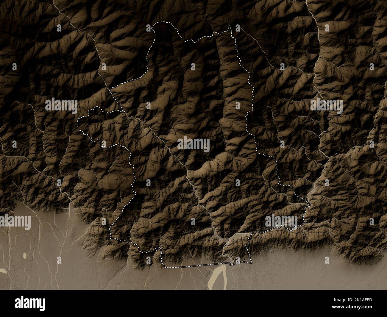 Zhemgang, district of Bhutan. Elevation map colored in sepia tones with ...