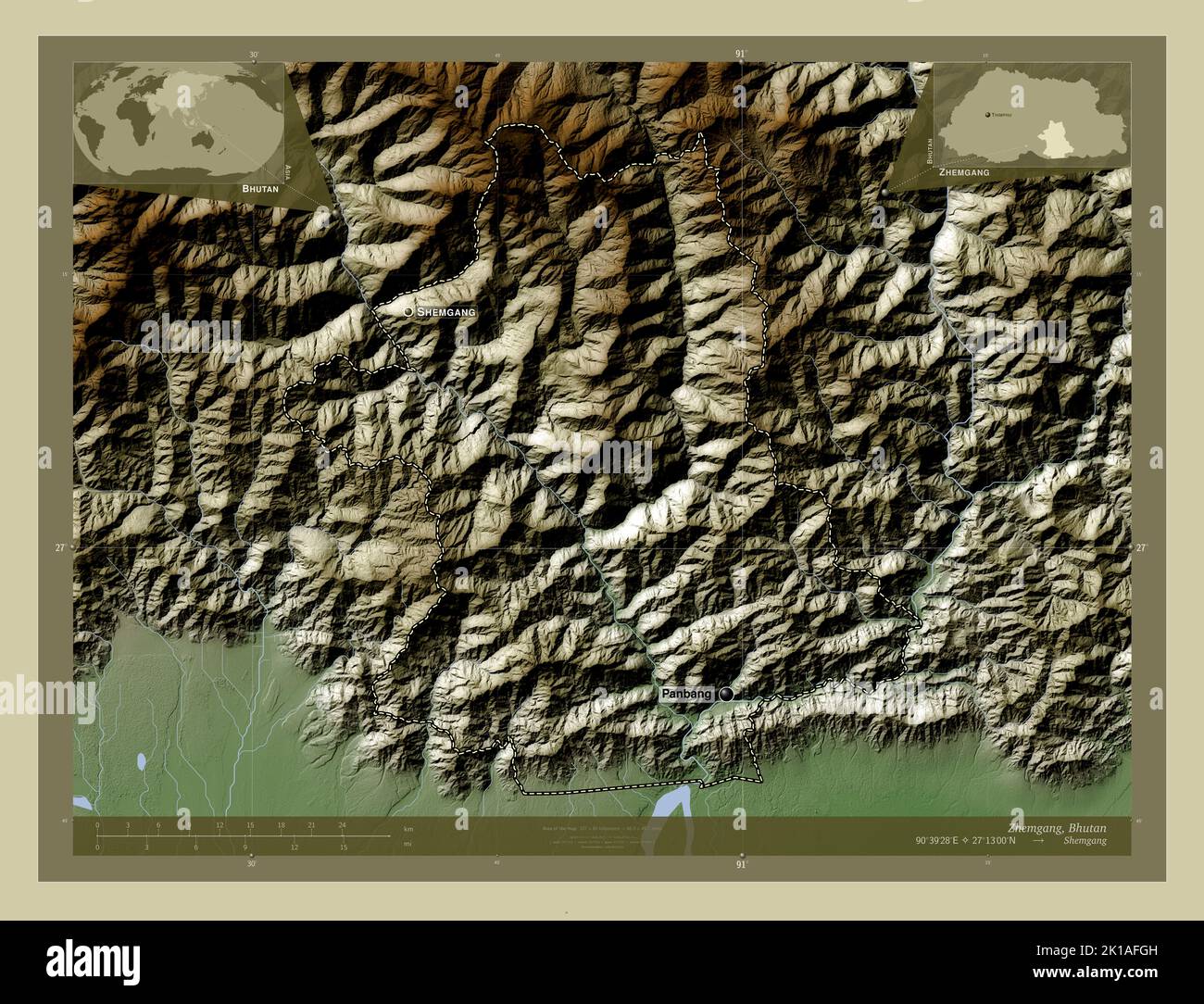 Zhemgang, district of Bhutan. Elevation map colored in wiki style with lakes and rivers ...