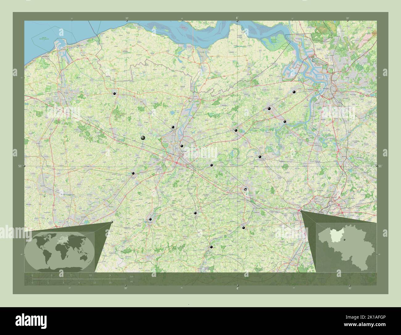 Oost-Vlaanderen, province of Belgium. Open Street Map. Locations of ...
