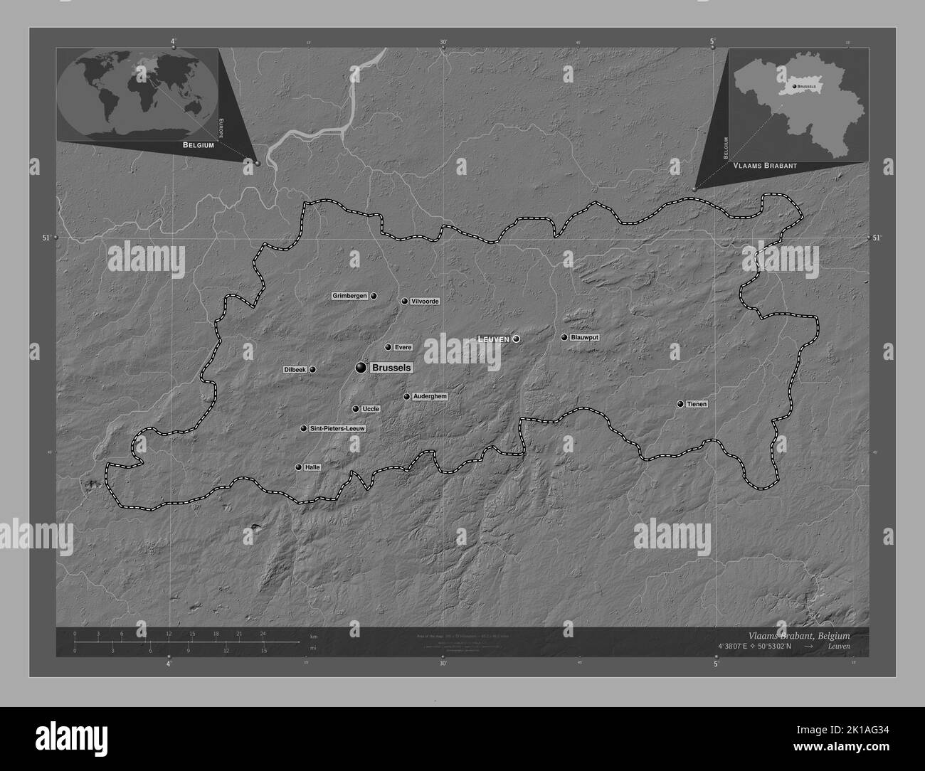 Vlaams Brabant, province of Belgium. Bilevel elevation map with lakes ...