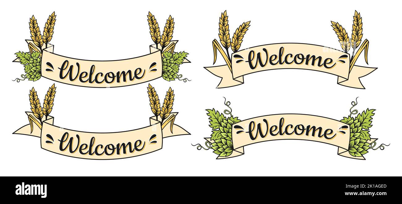 Welcome ribbon set, hop and wheat ear. Tape collection, decorative web ...