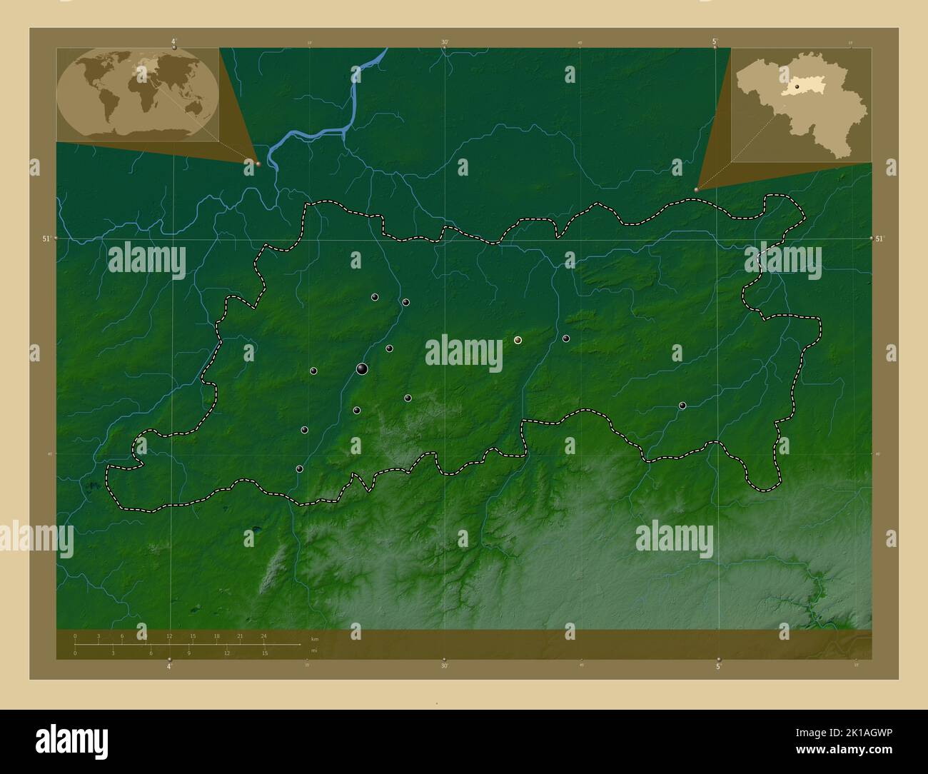Vlaams Brabant, province of Belgium. Colored elevation map with lakes ...