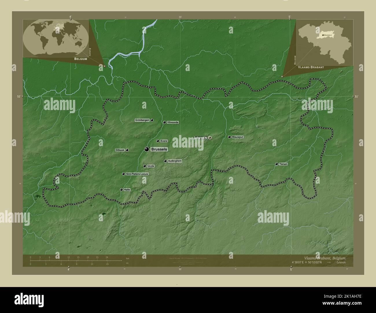 Vlaams Brabant, province of Belgium. Elevation map colored in wiki ...