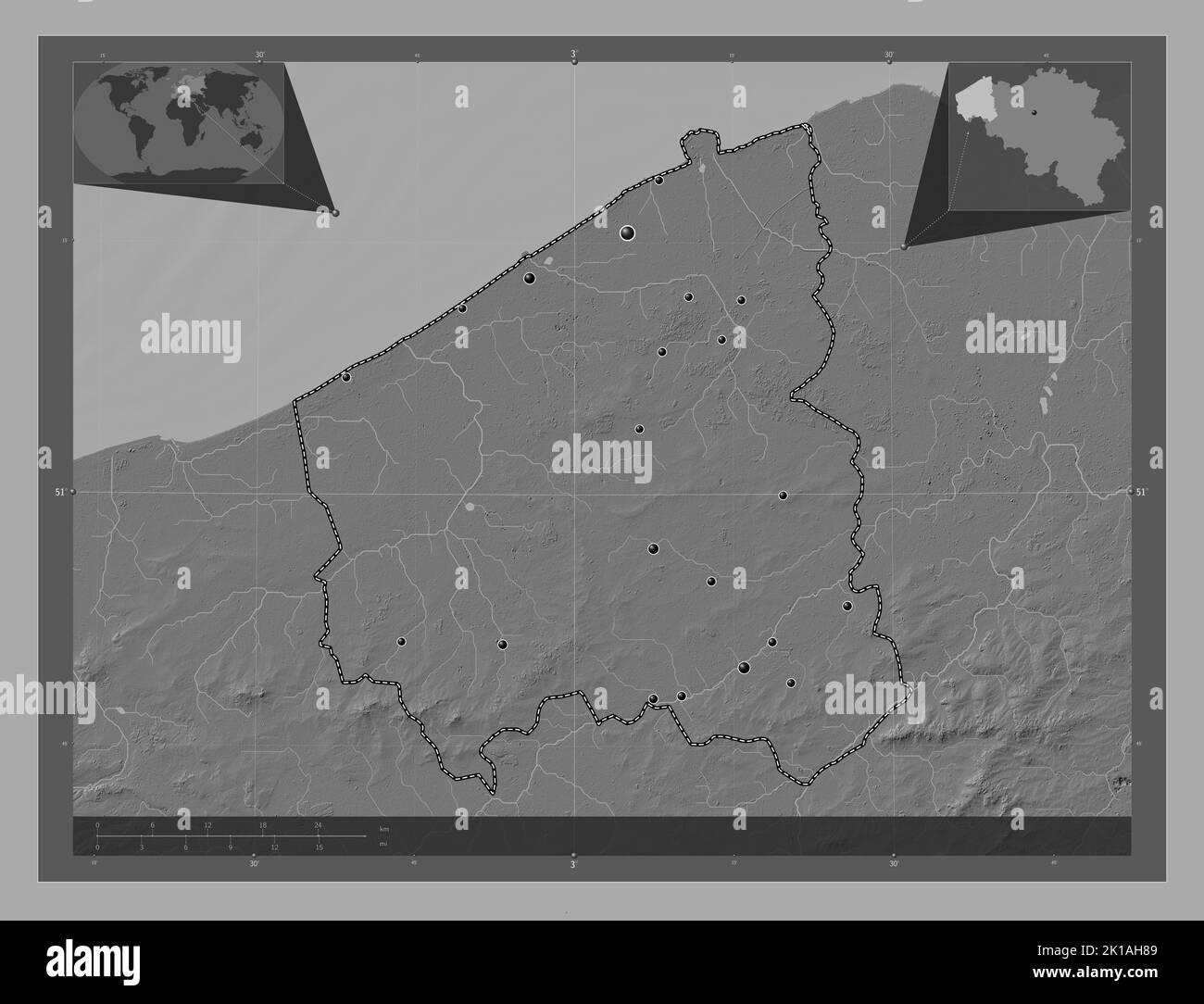 West-Vlaanderen, province of Belgium. Bilevel elevation map with lakes ...