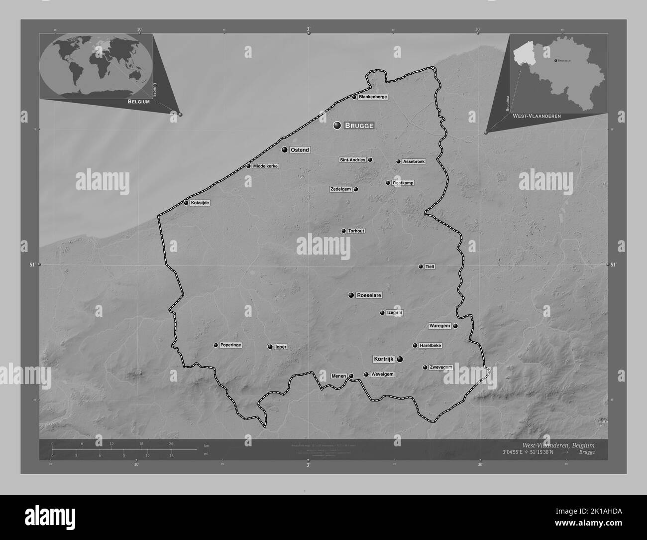 West-Vlaanderen, province of Belgium. Grayscale elevation map with ...