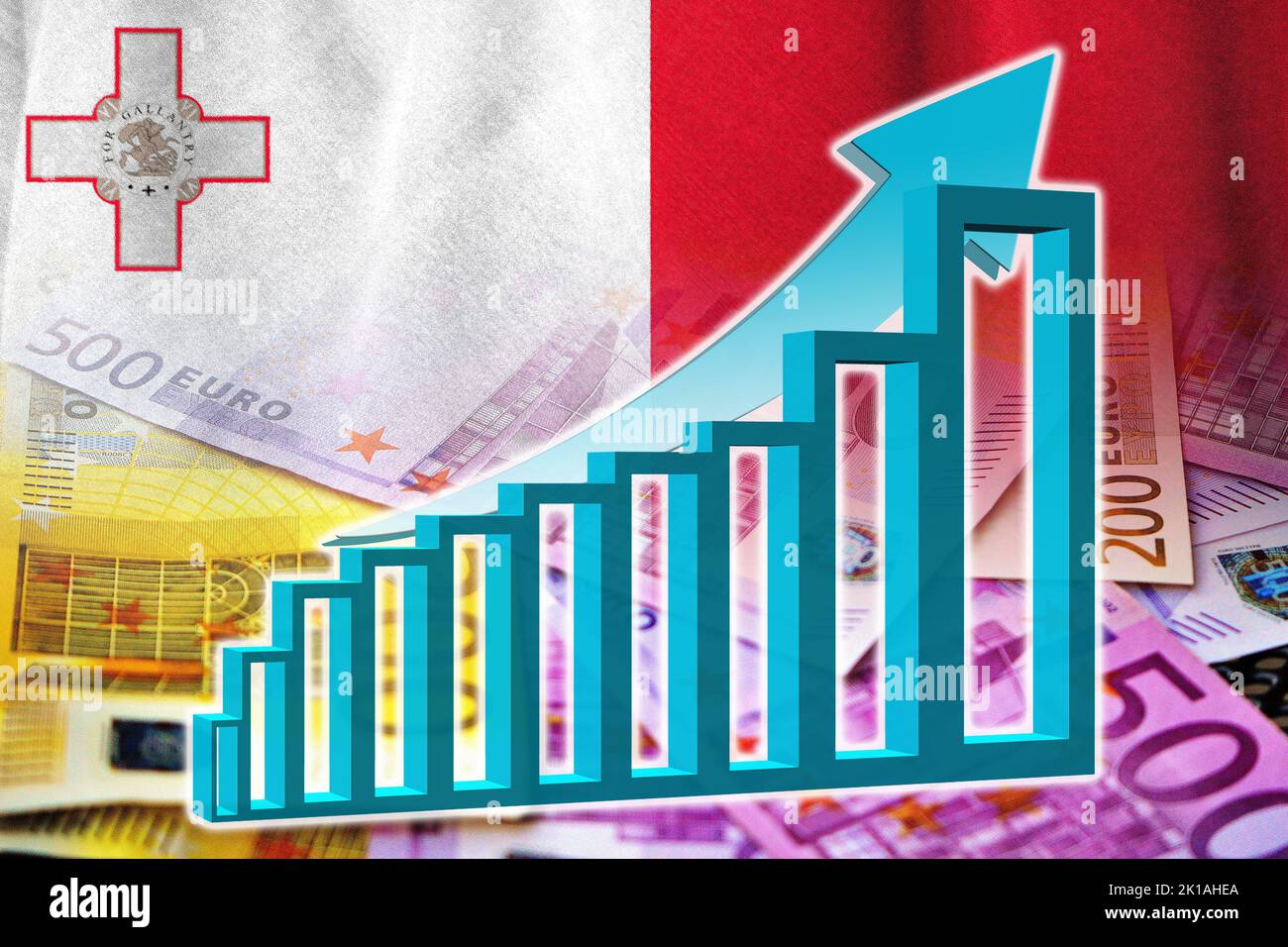 Economy graph: rising arrow, cash euro banknotes and Malta flag (Money ...