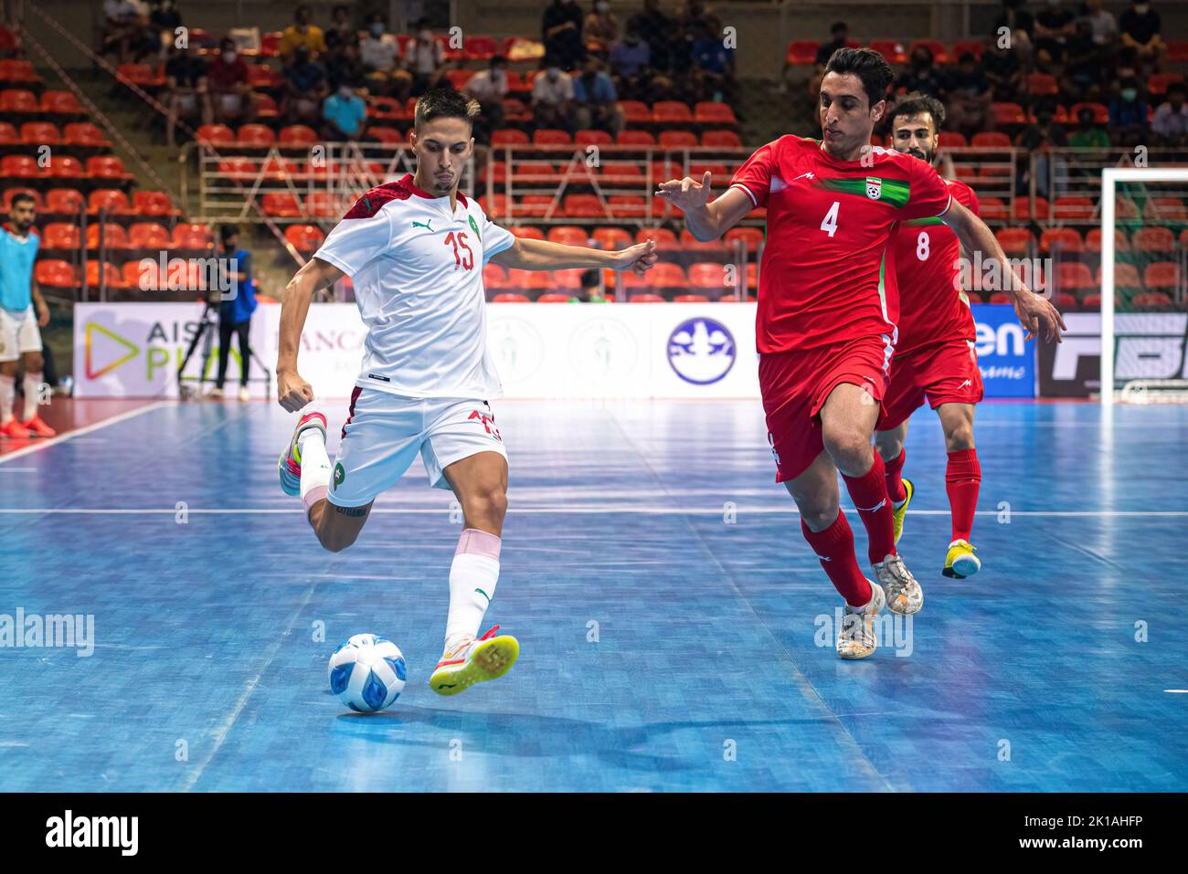 Khalid Bouzid Stitou (L) of Morocco and Alireza Rafiei Pour (R) of IR Iran seen in action during ...