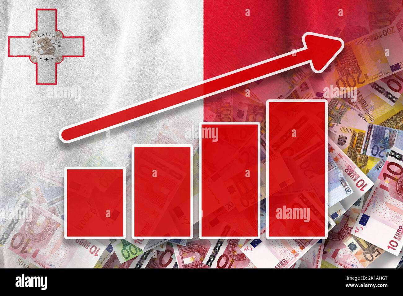 Economy graph: rising arrow, cash euro banknotes and Malta flag (Money ...