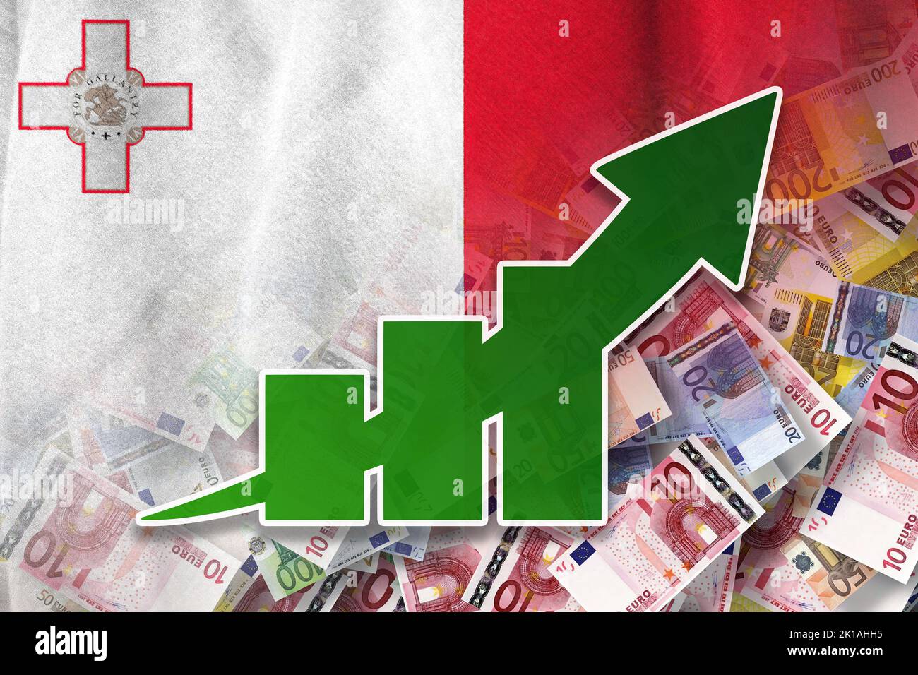 Economy graph: rising arrow, cash euro banknotes and Malta flag (Money ...