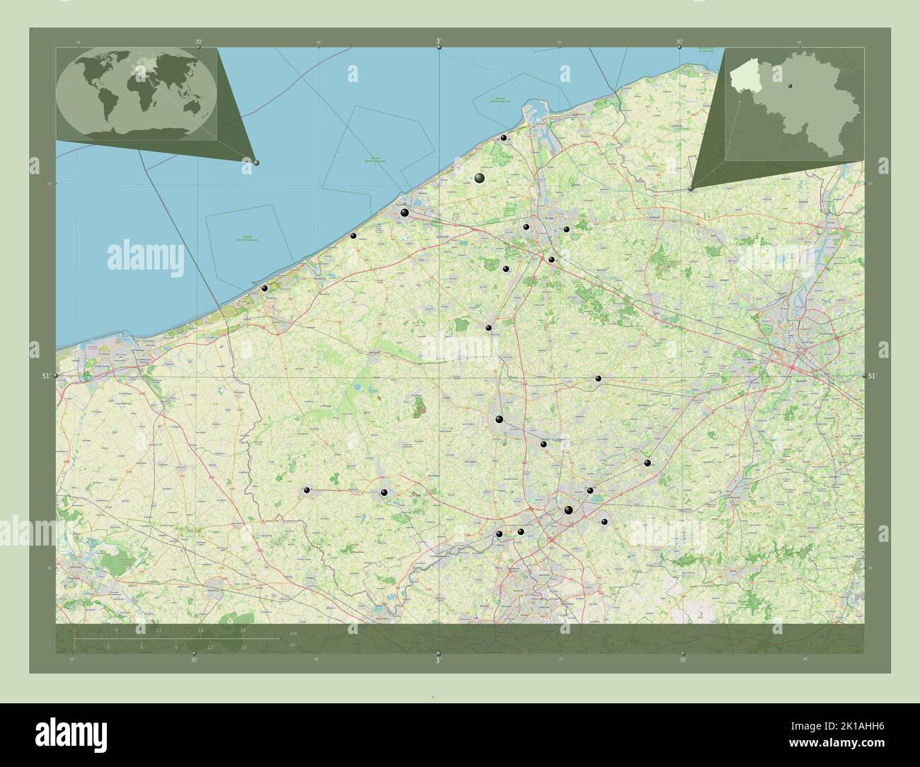 West-Vlaanderen, province of Belgium. Open Street Map. Locations of ...