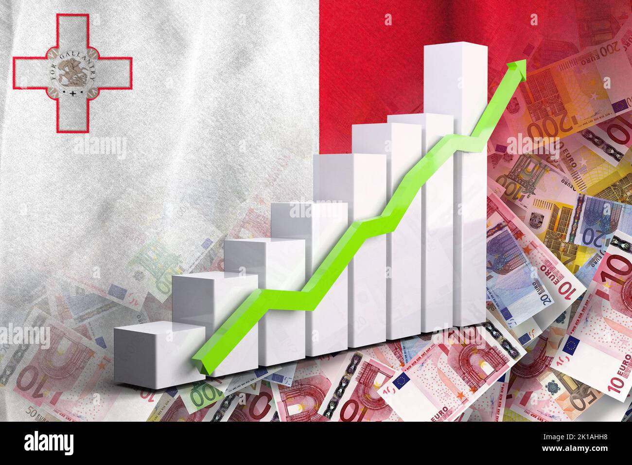 Economy graph: rising arrow, cash euro banknotes and Malta flag (Money ...