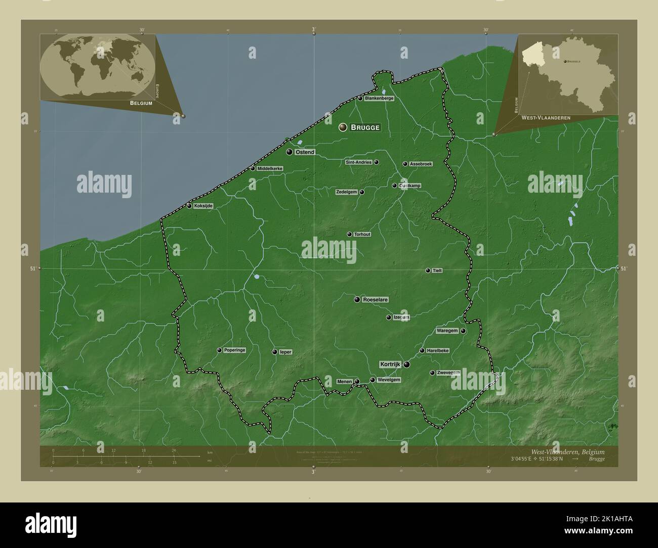 West-Vlaanderen, province of Belgium. Elevation map colored in wiki ...