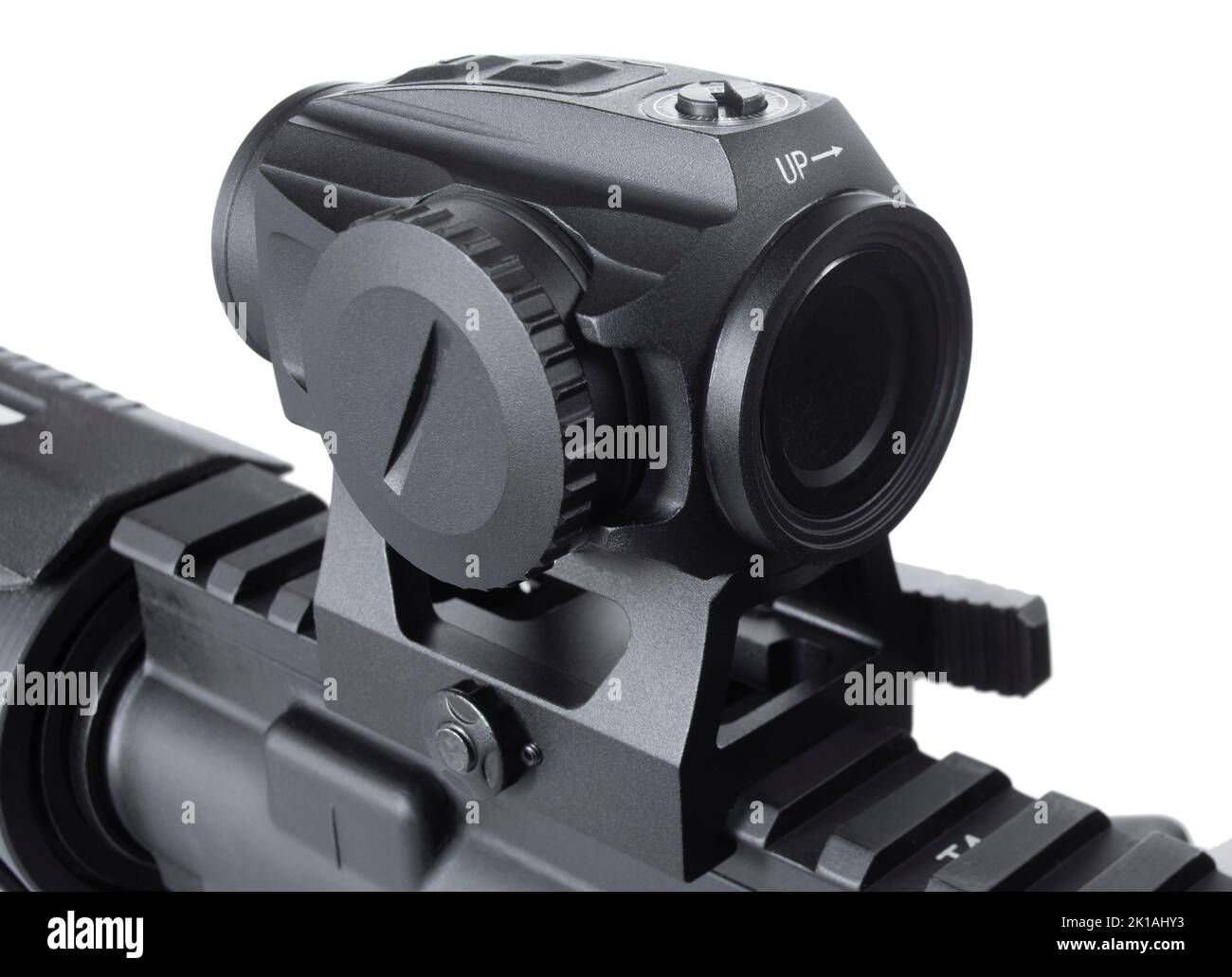 Red dot sight on an assault rifle isolated on white Stock Photo - Alamy