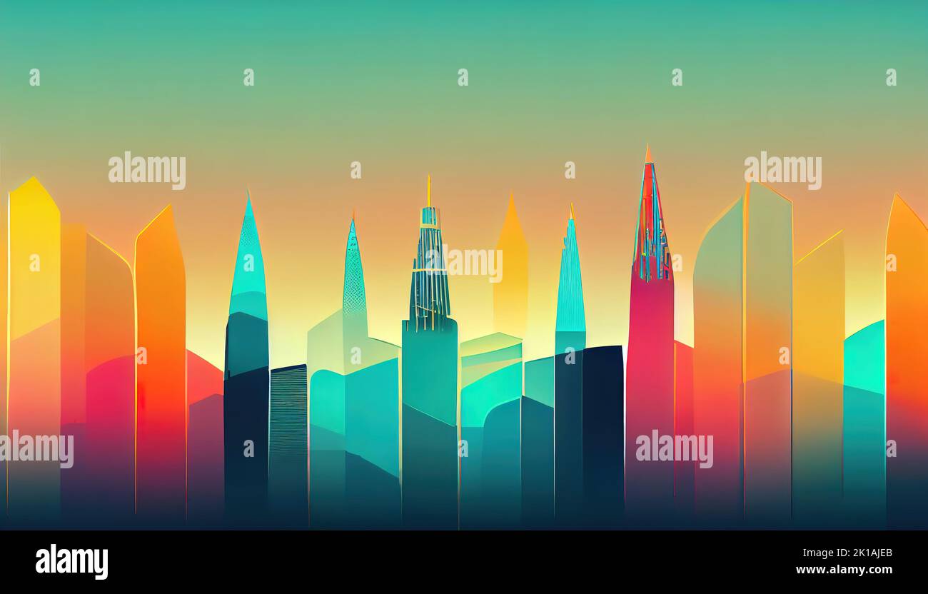 Stylized colorful high-rise city. Digital illustration based on render ...