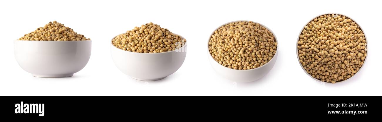 set of white bowl full of cowpea, also called black-eyed pea or ...