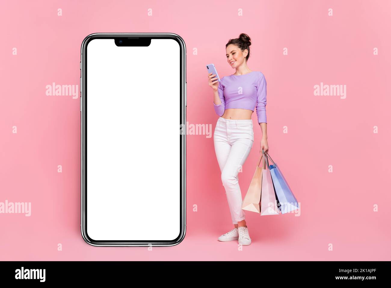 Full length body size view of attractive cheery girl using gadget order ...